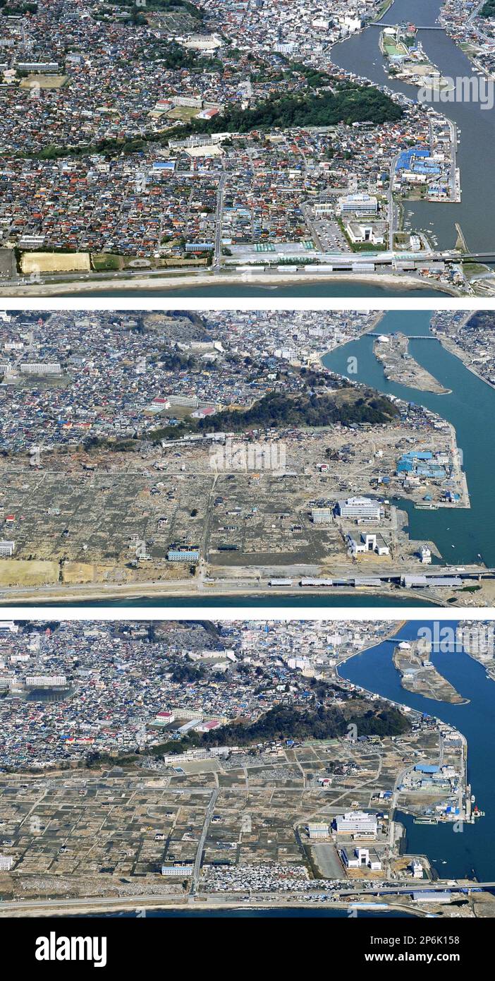 The combination of three photos shows the aerial view of the estuary ...