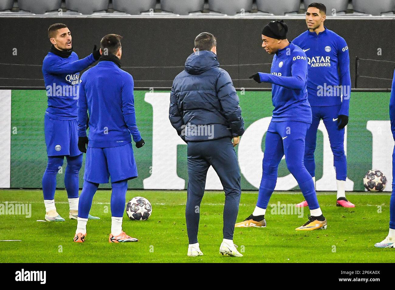 Marco VERRATTI of PSG, Kylian MBAPPE of PSG and Achraf HAKIMI of PSG ...