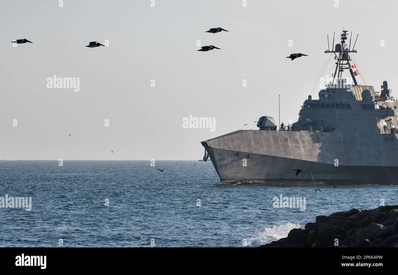 A flock of pelicans glides past USS Mobile (LCS 26) as she enters the ...