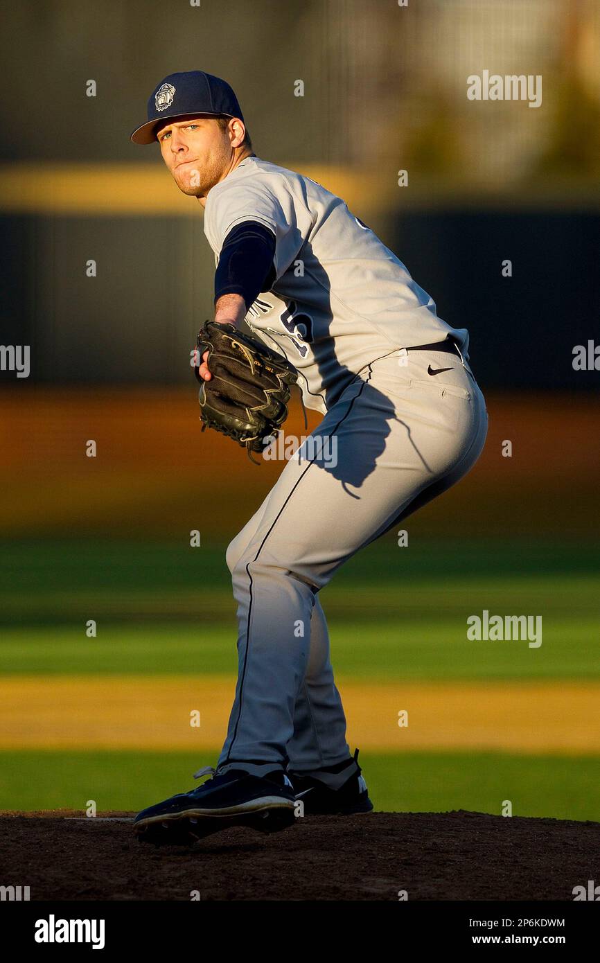 Relief pitcher James Heine #15 of the Georgetown Hoyas in action ...