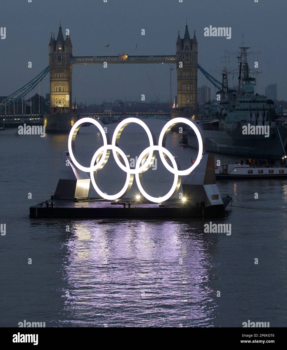 Backdropped by the historic Tower Bridge, a giant Olympic Rings floats ...