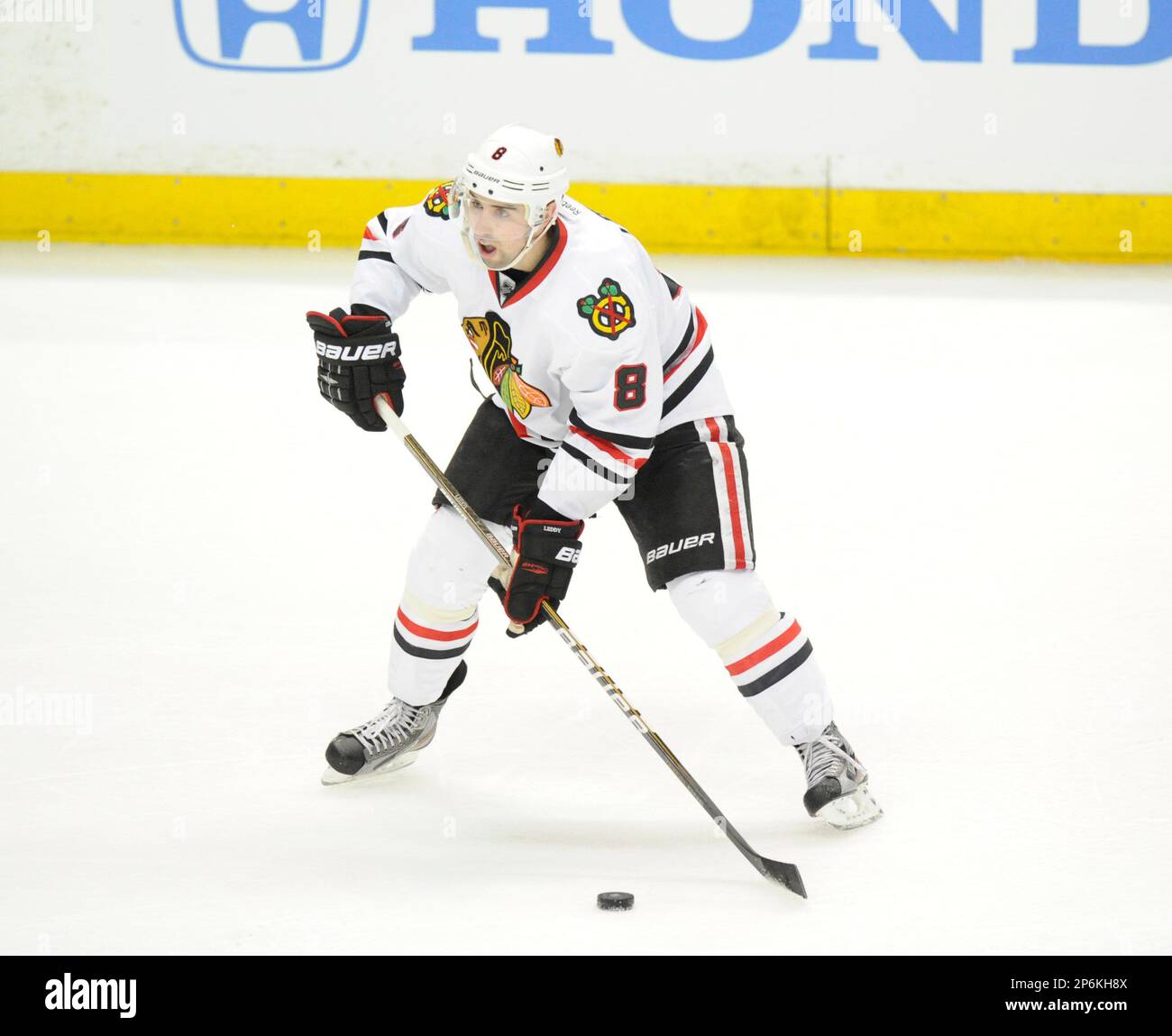 2012 FEB 26: Chicago's Nick Leddy (8) during an NHL hockey game between ...