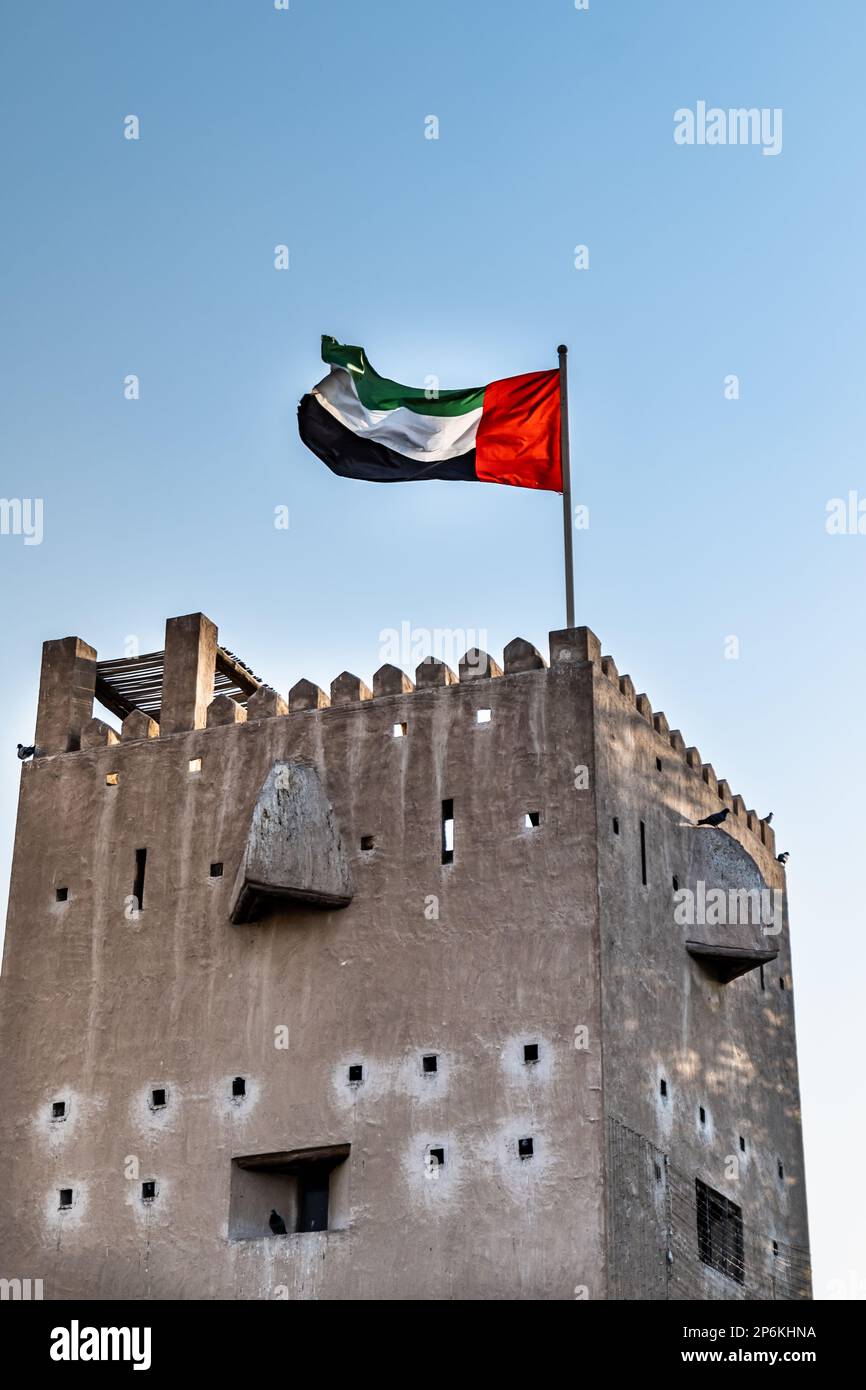 UAE flag in Dubai, national flag of United Arab Emirates, shot in the ...