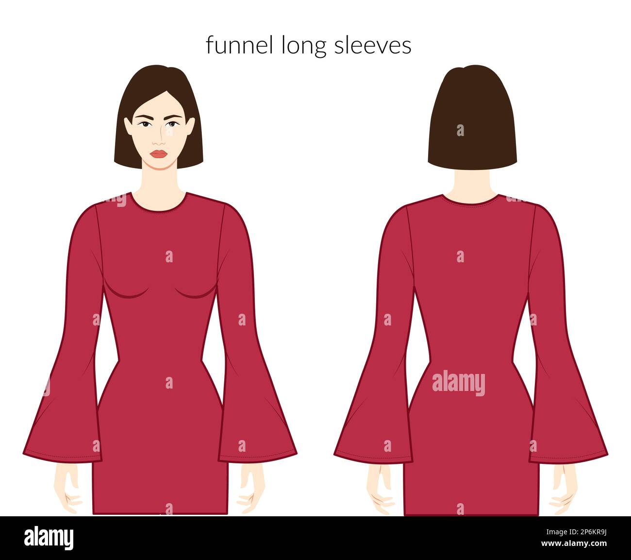 Funnel sleeves long length clothes character beautiful lady in burgundy ...
