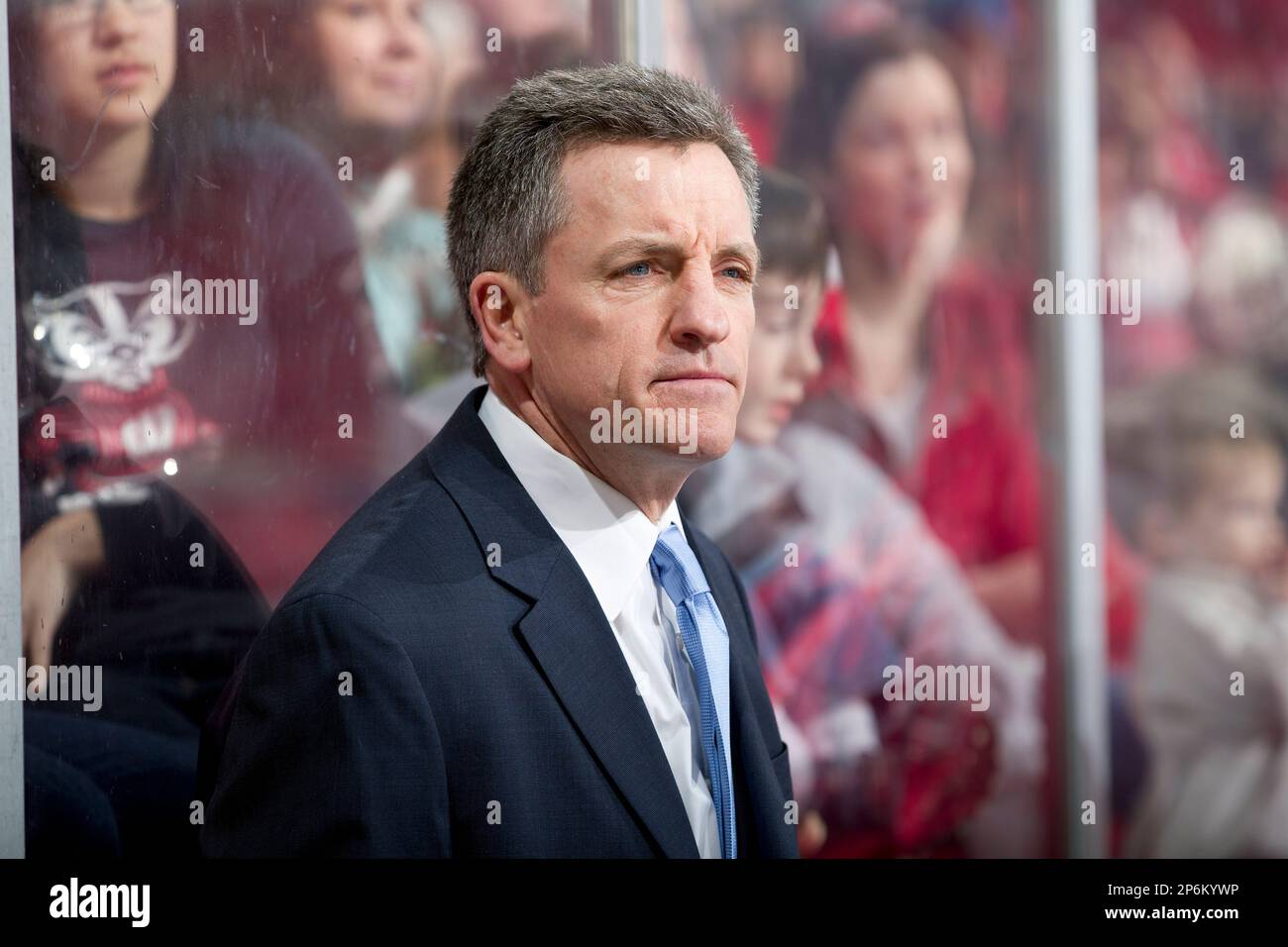 Wisconsin Badgers Head Coach Mark Johnson looks on during a WCHA ...