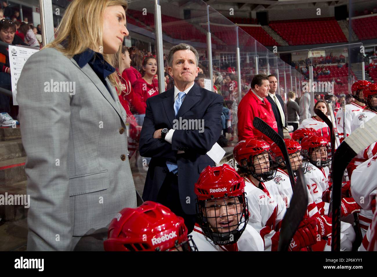 Wisconsin Badgers Head Coach Mark Johnson looks on during a WCHA ...