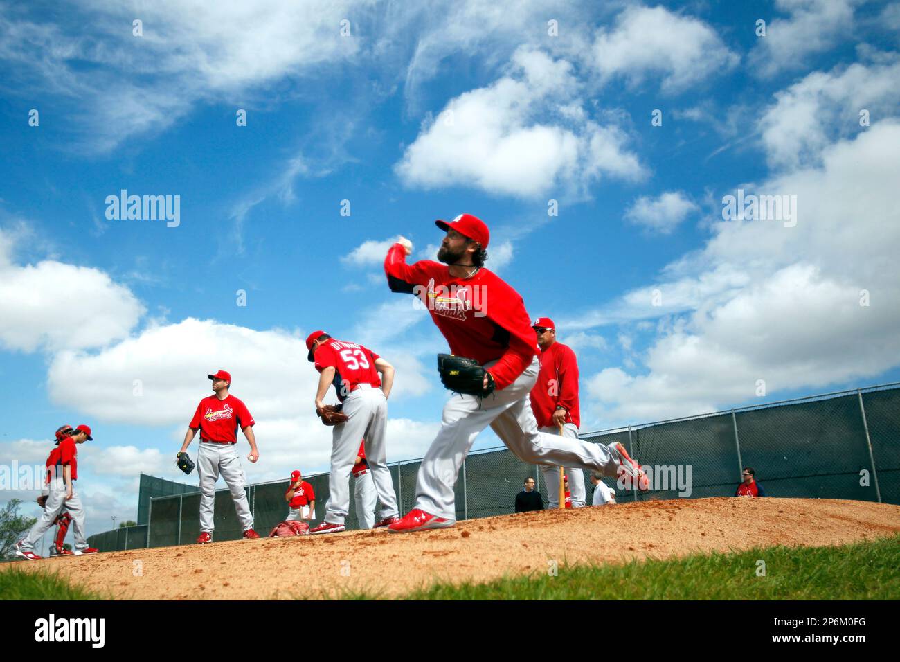St. Louis Cardinals Jason Motte throws during spring training baseball ...
