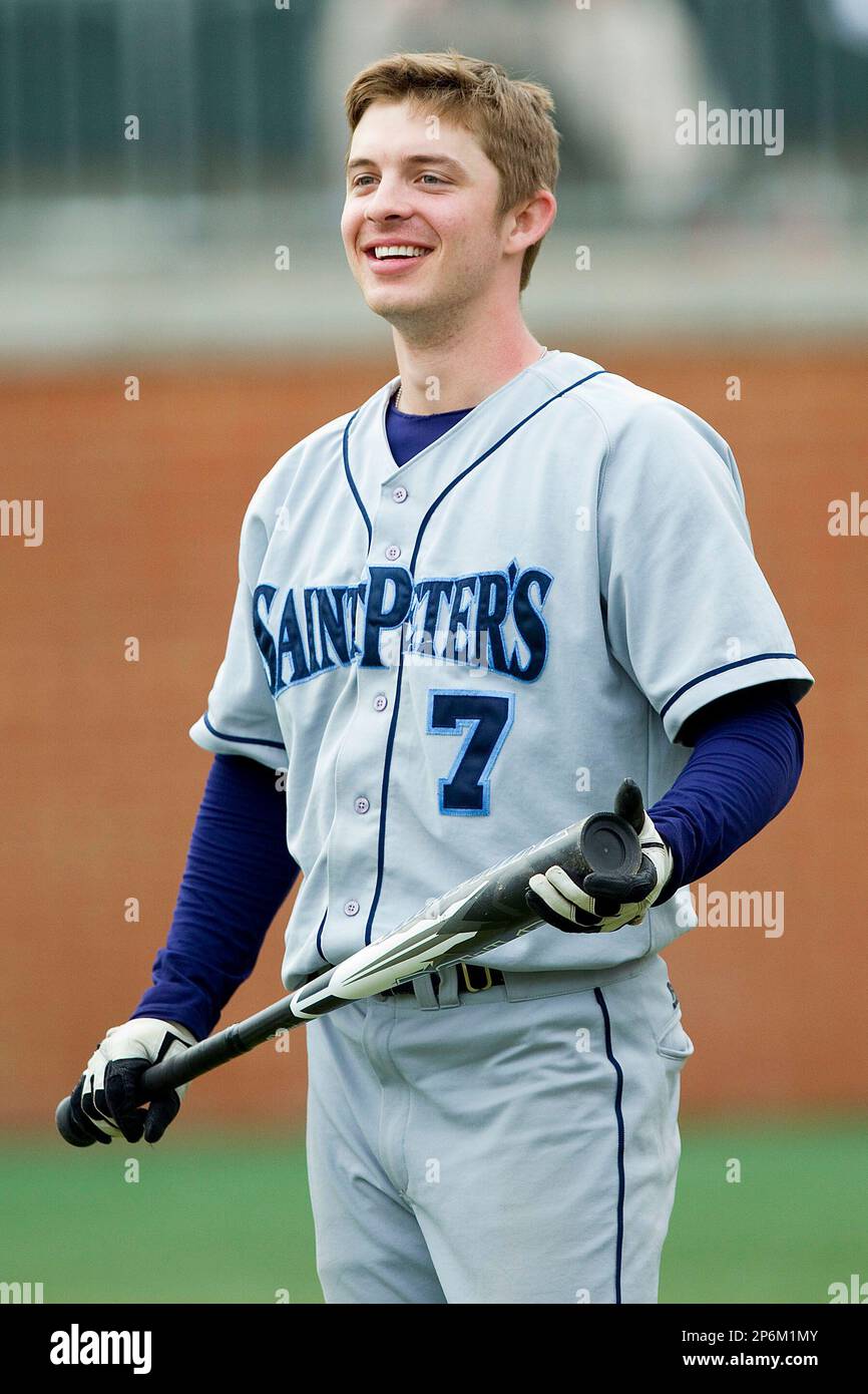Preston Aldridge #7 of the Saint Peter's Peacocks prior to the game ...