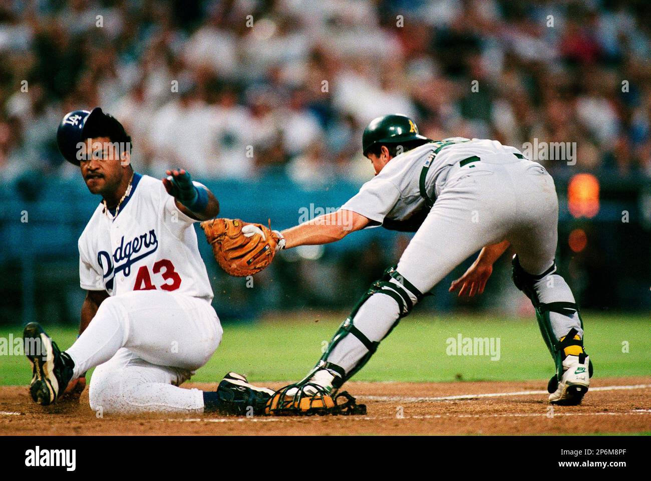 Raul Mondesi of the Los Angeles Dodgers during a game at Dodger Stadium ...