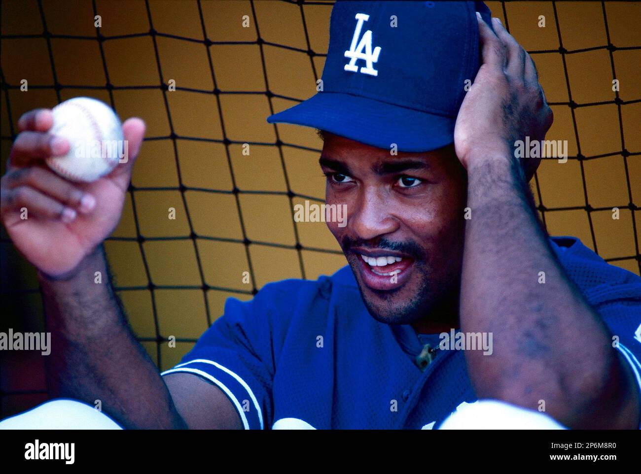 Raul Mondesi of the Los Angeles Dodgers during a game at Dodger Stadium ...
