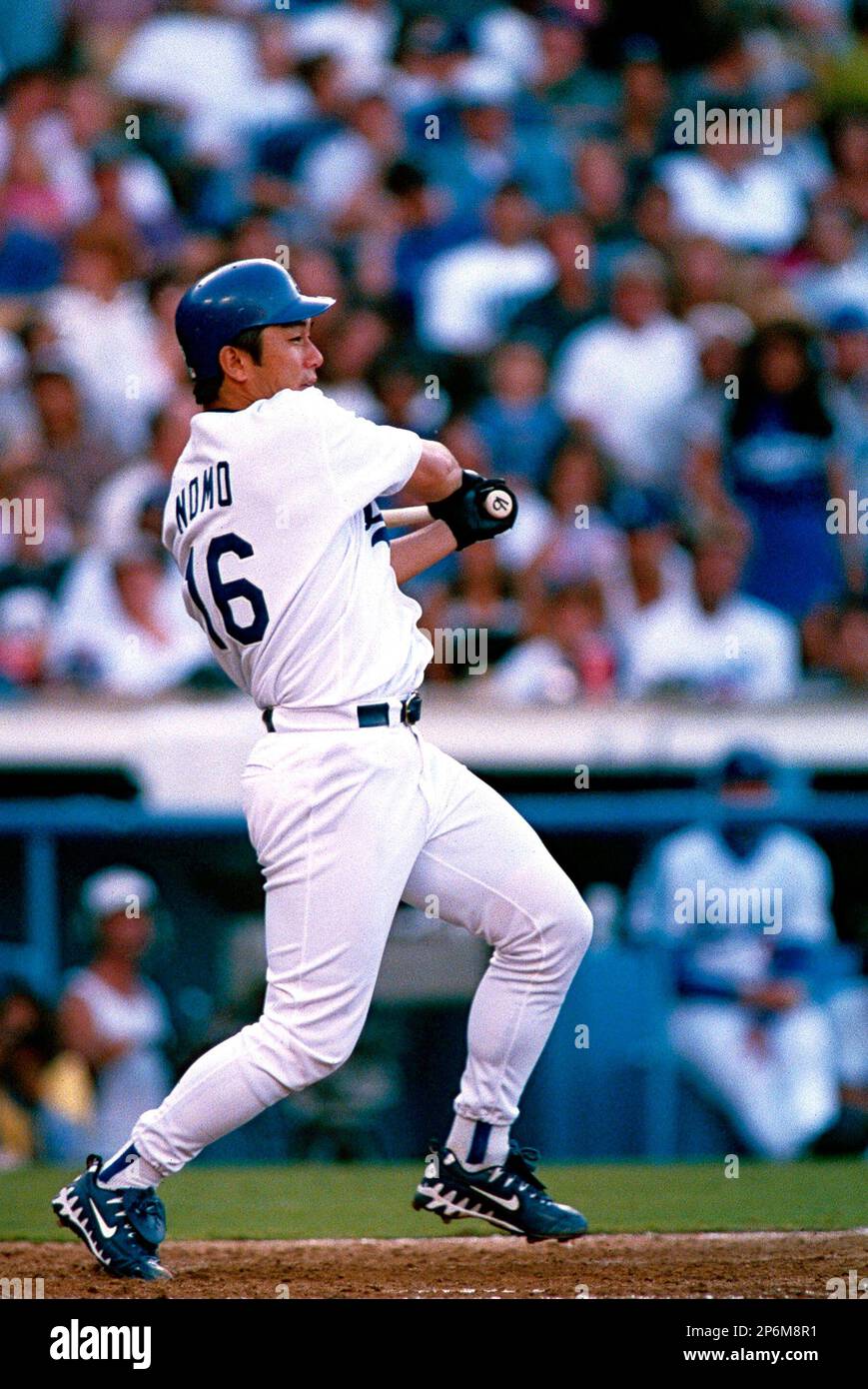 Hideo Nomo of the Los Angeles Dodgers during a game at Dodger Stadium ...