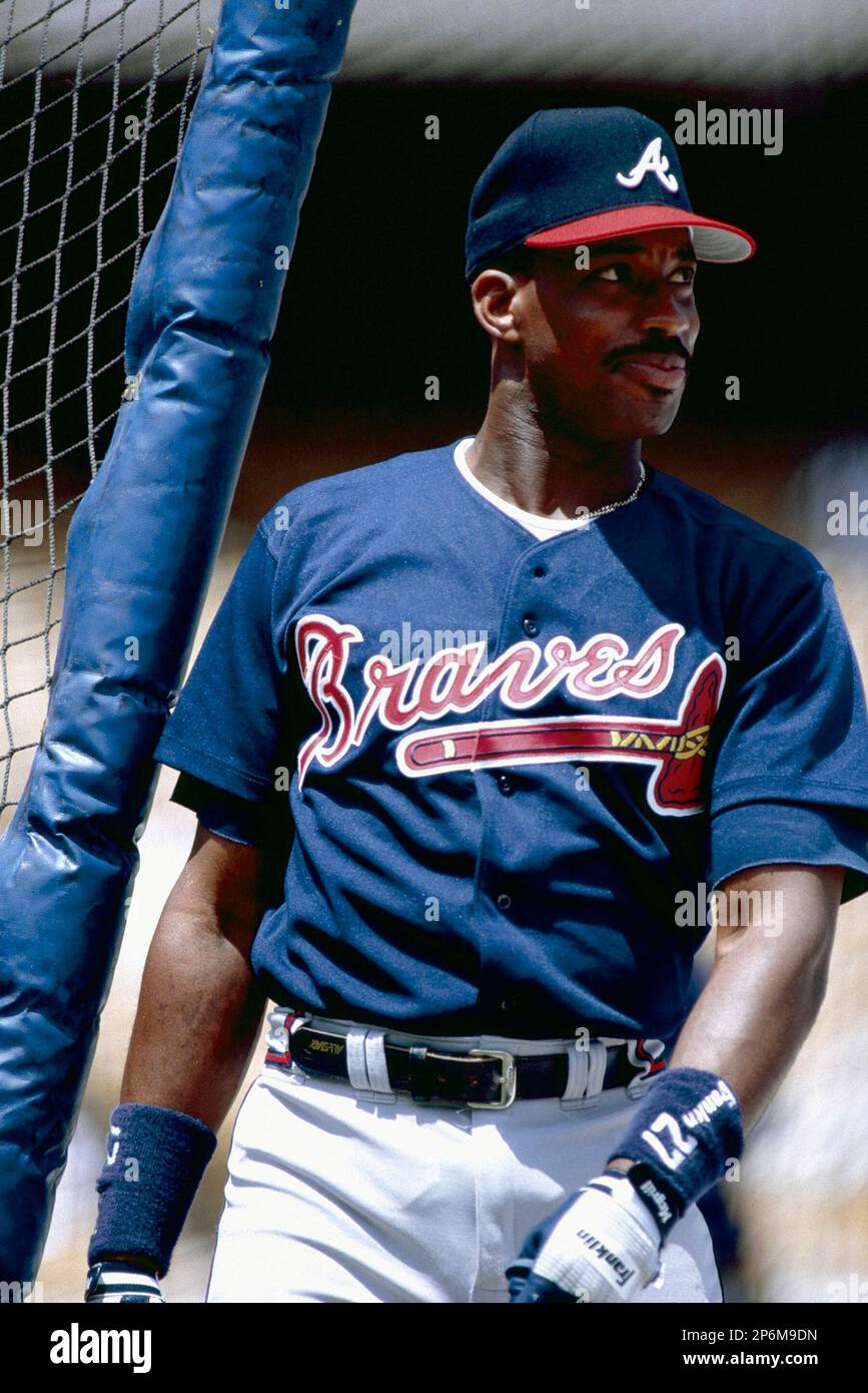 Fred McGriff of the Atlanta Braves during a game at Dodger Stadium in ...
