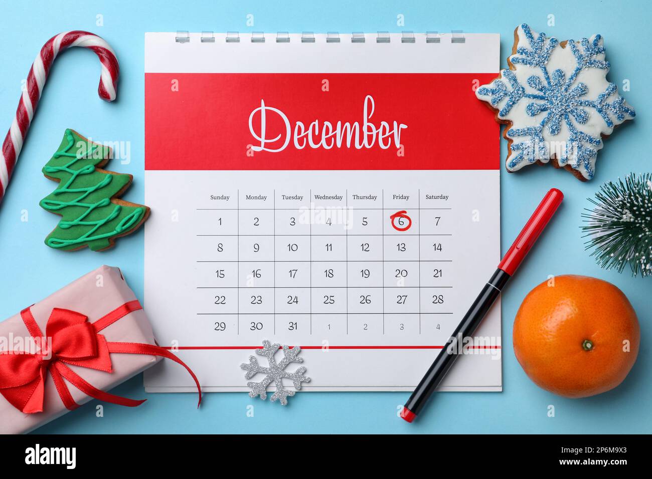 Saint Nicholas Day. Calendar with marked date December 06, sweets and ...