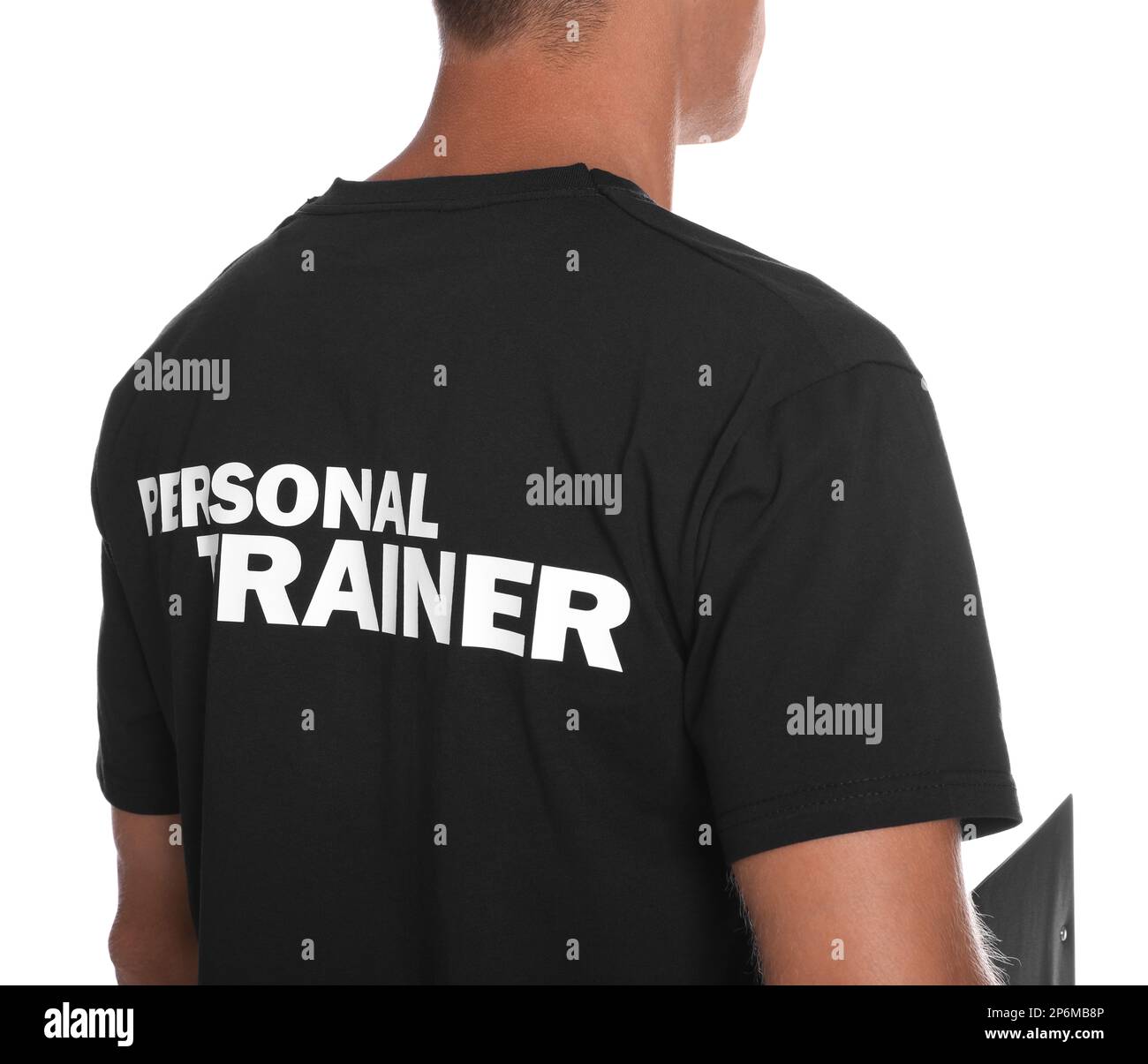 Personal trainer on white background, back view. Gym instructor Stock ...