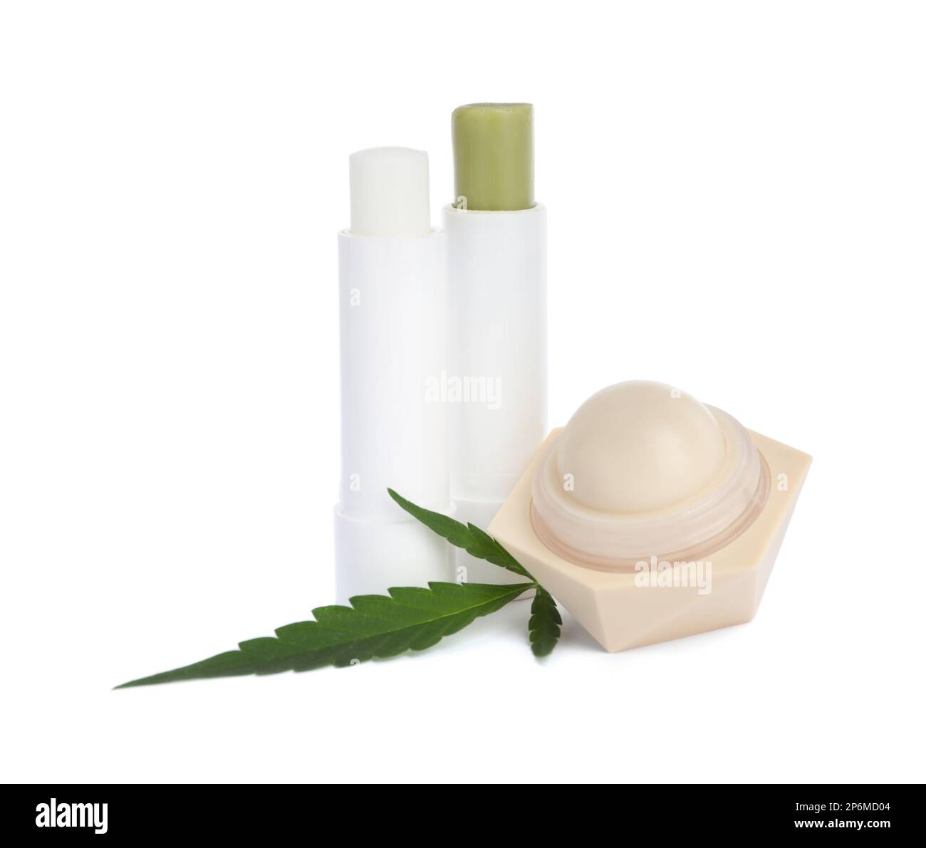 Different hemp cosmetics and green leaf on white background Stock Photo ...