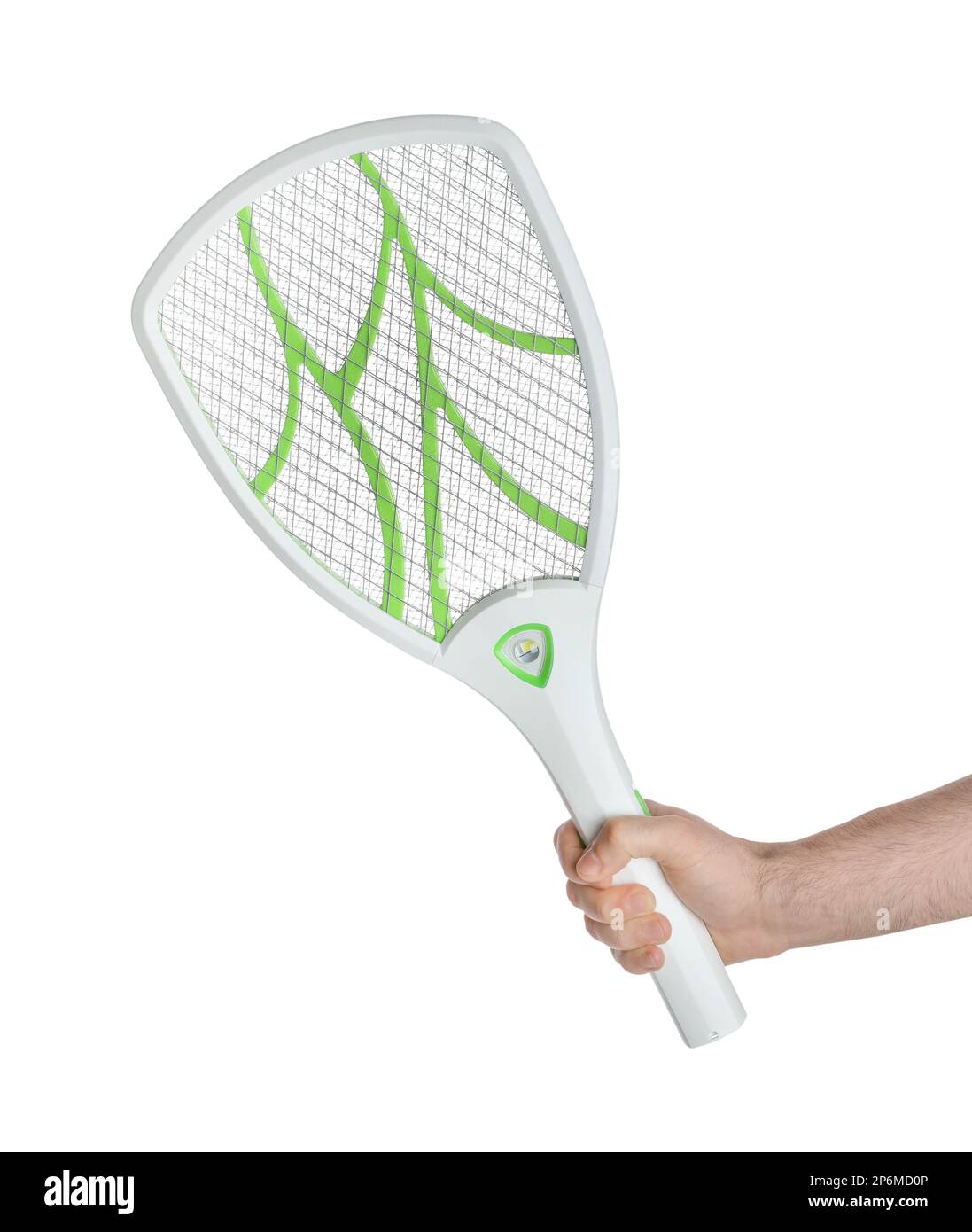 Man with electric fly swatter on white background, closeup. Insect ...