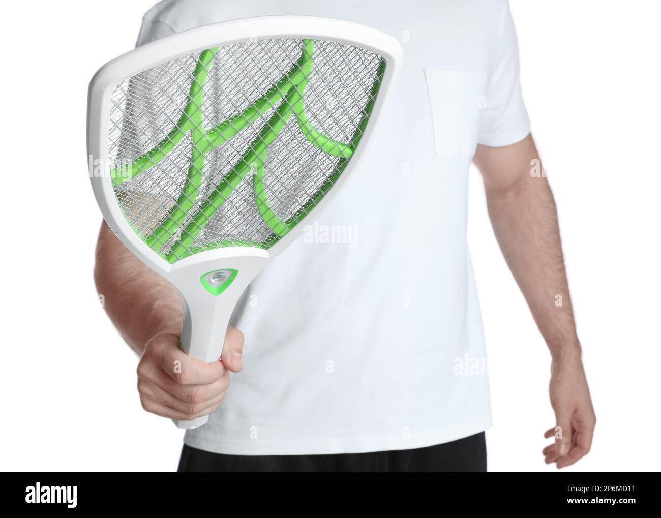 Man with electric fly swatter on white background, closeup. Insect ...