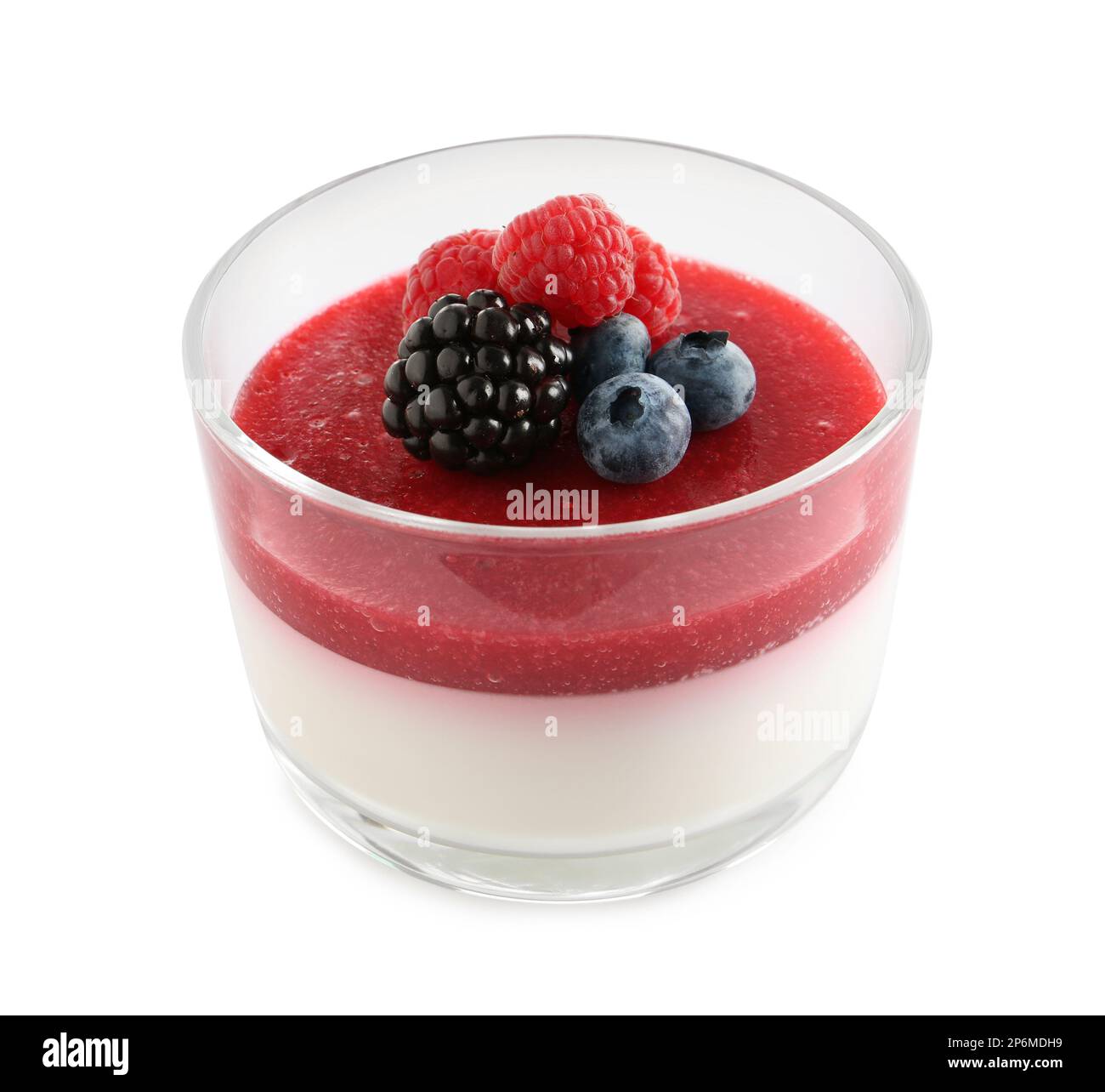 Delicious panna cotta with fruit coulis and fresh berries isolated on ...