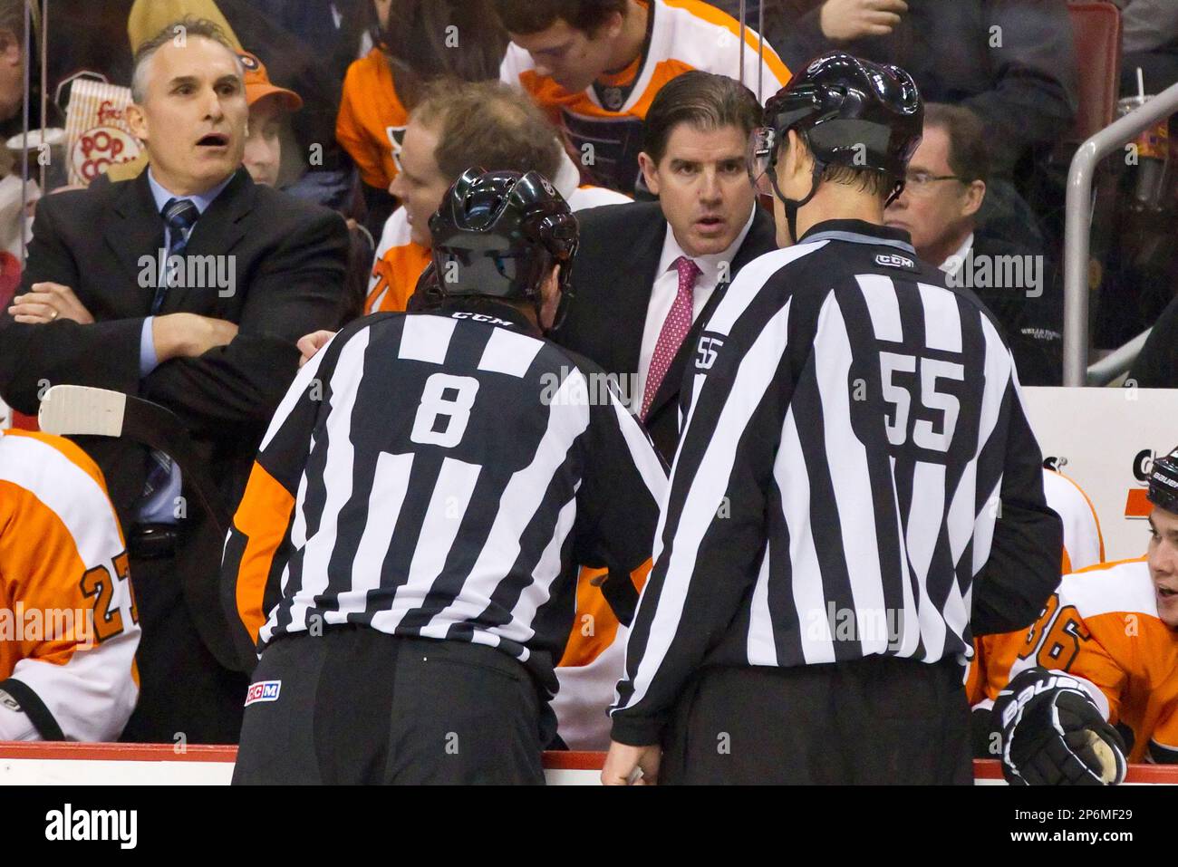 February 9, 2012: Philadelphia Flyers head coach Peter Laviolette talks ...