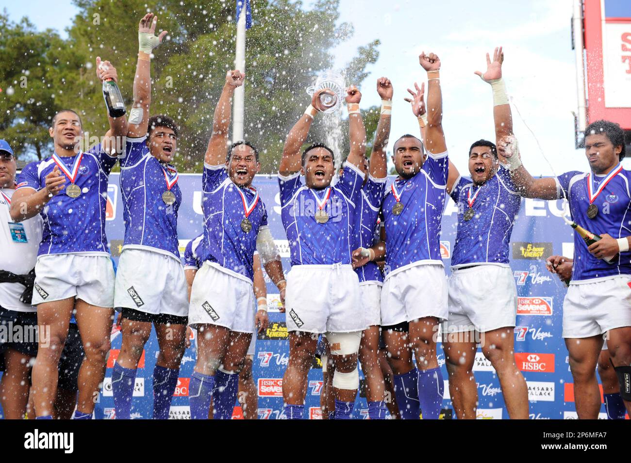2012 FEB 12: The Samoan Rugby Team celebrates their Cup Final win after ...