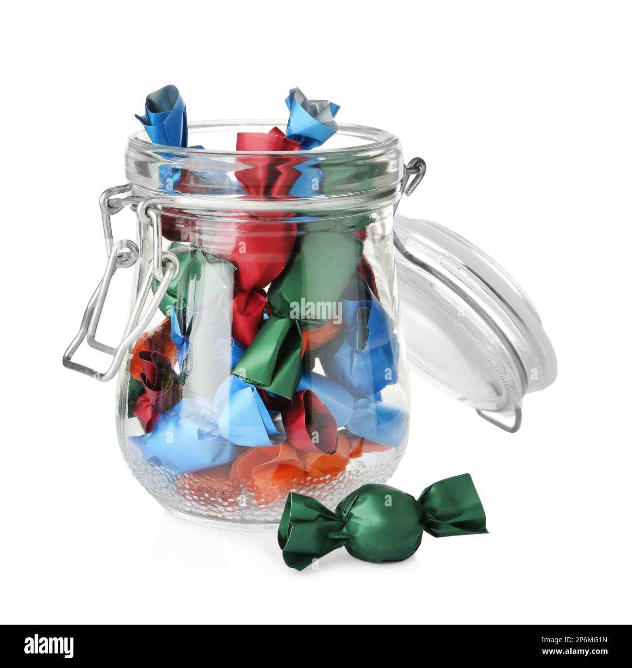 Glass jar with candies in colorful wrappers isolated on white Stock ...
