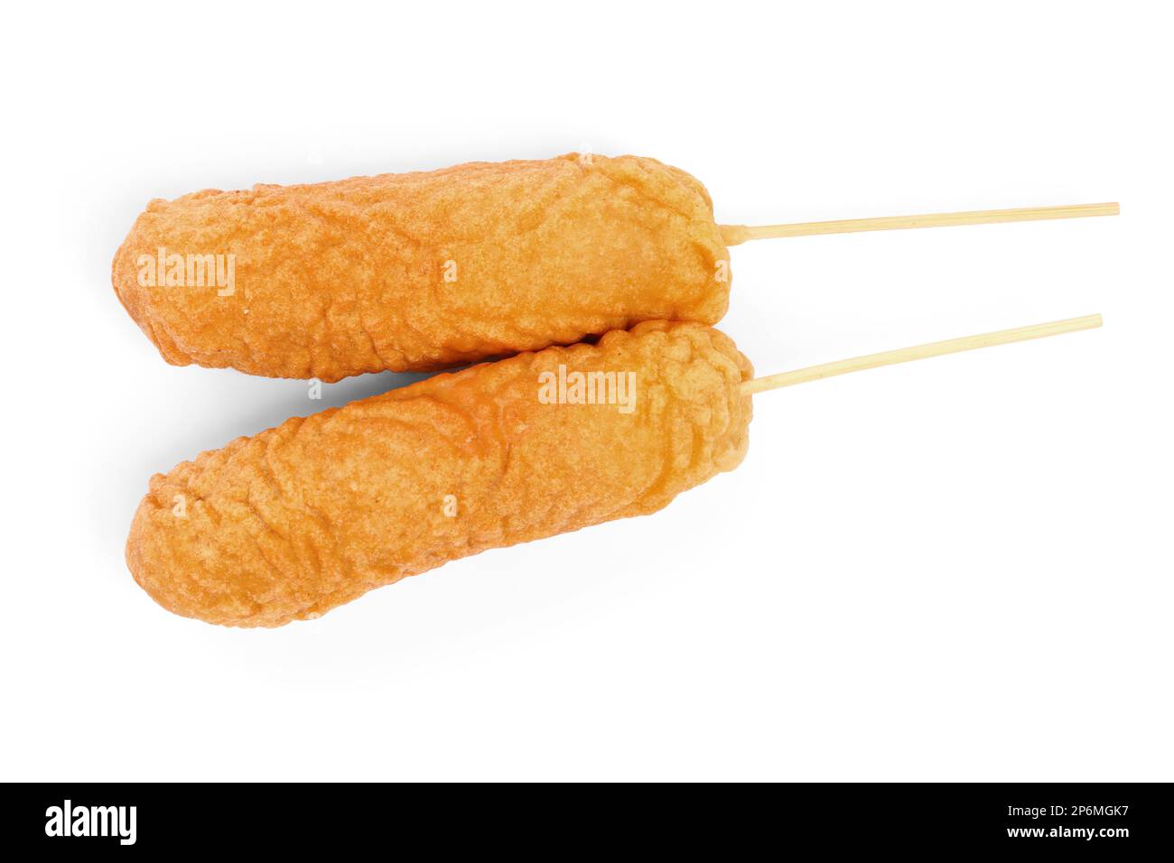 Delicious deep fried corn dogs isolated on white, top view Stock Photo ...