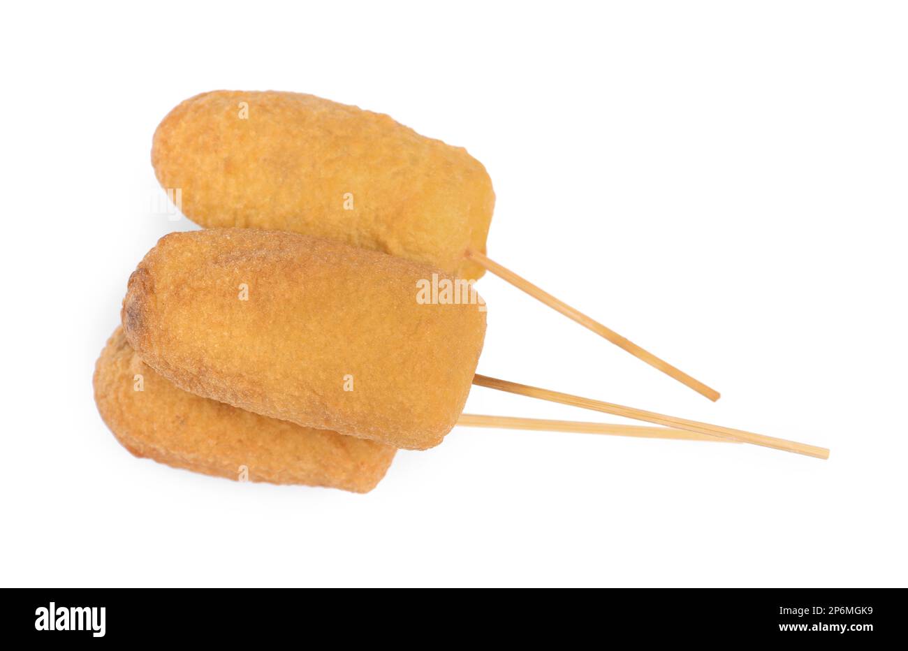 Delicious deep fried corn dogs isolated on white, top view Stock Photo ...