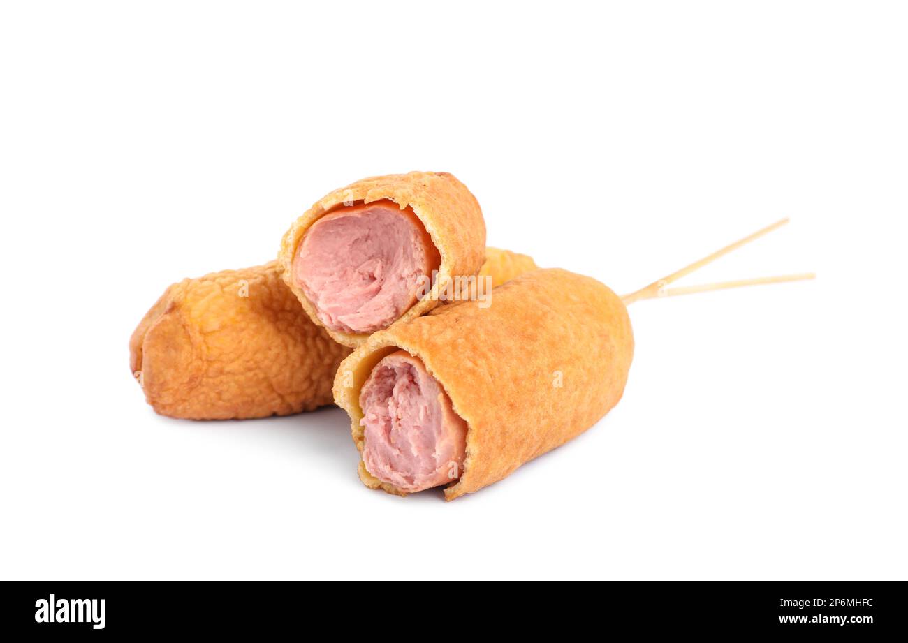 Delicious deep fried corn dogs on white background Stock Photo - Alamy