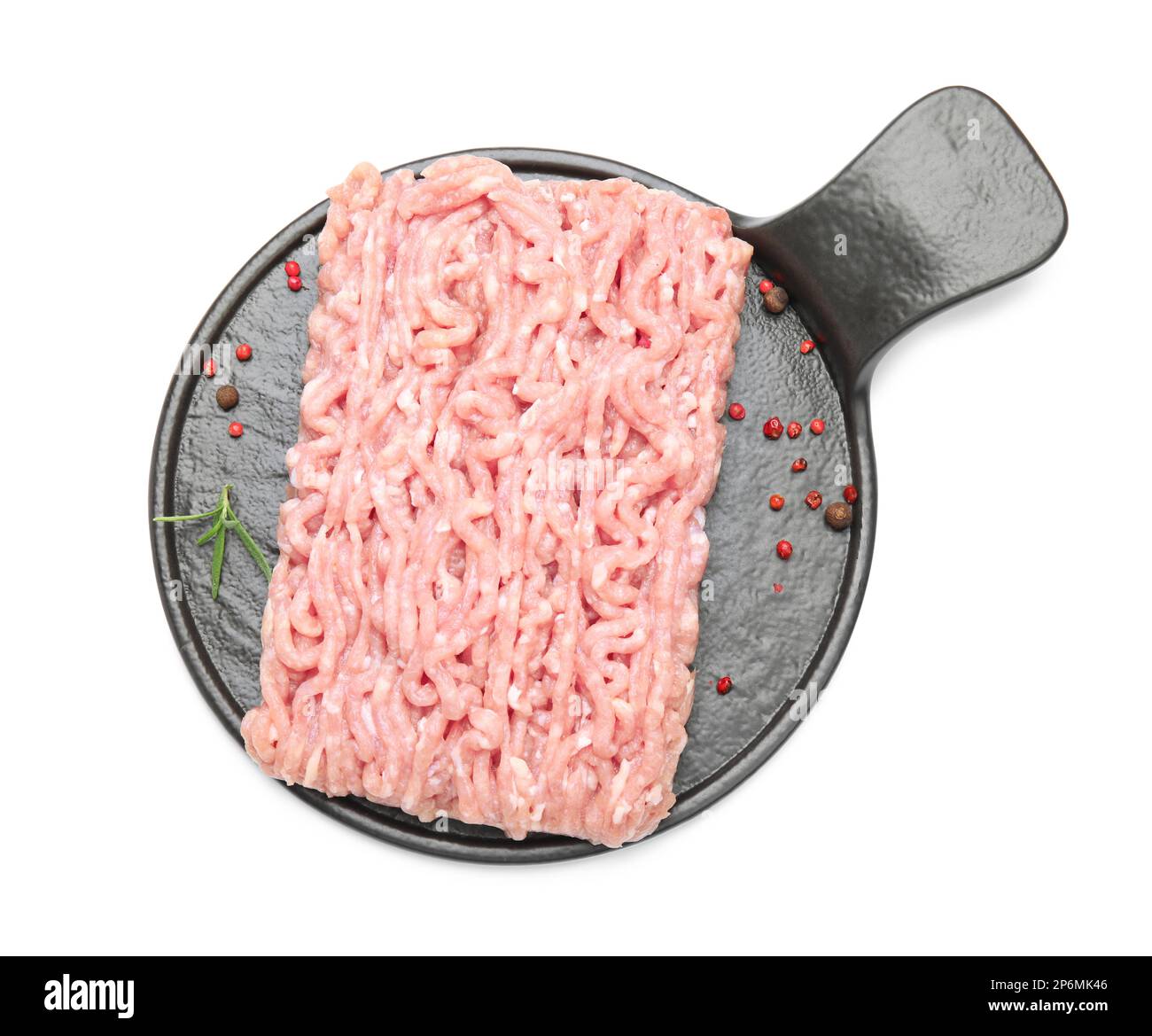 Raw chicken minced meat with spices and rosemary on white background ...
