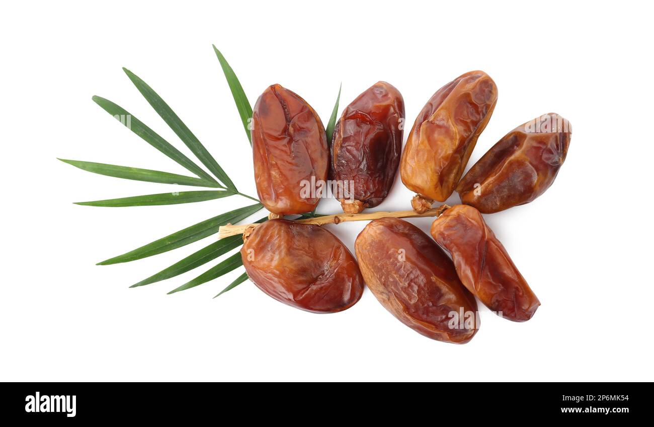 Sweet dates on branch and green leaves against white background, top ...