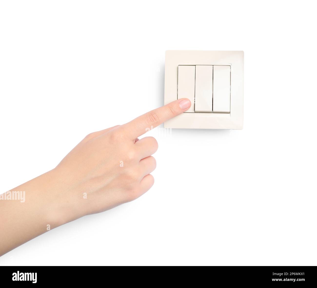 Woman pressing light switch on white background, closeup Stock Photo ...