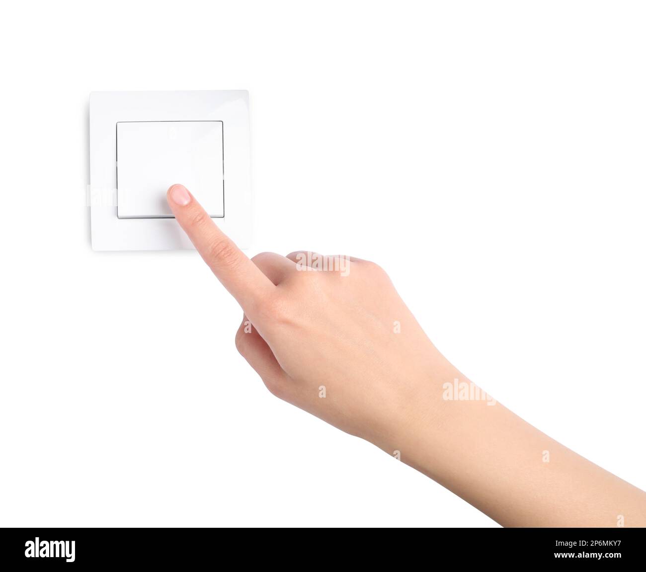 Woman pressing light switch on white background, closeup Stock Photo ...