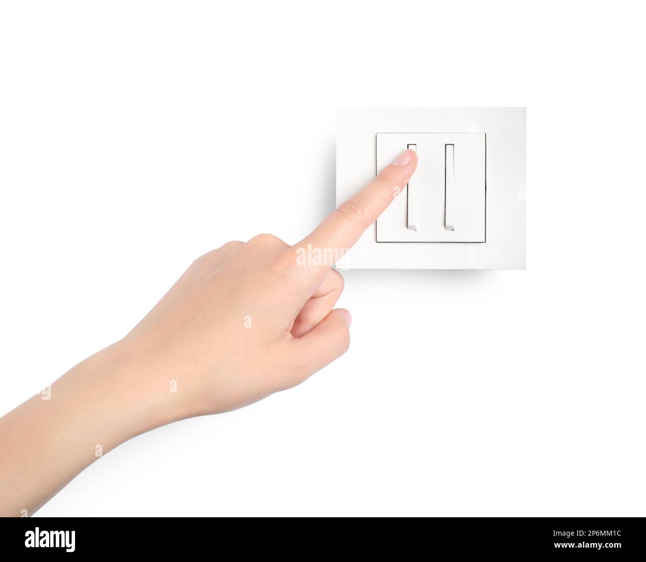 Woman pressing light switch on white background, closeup Stock Photo ...