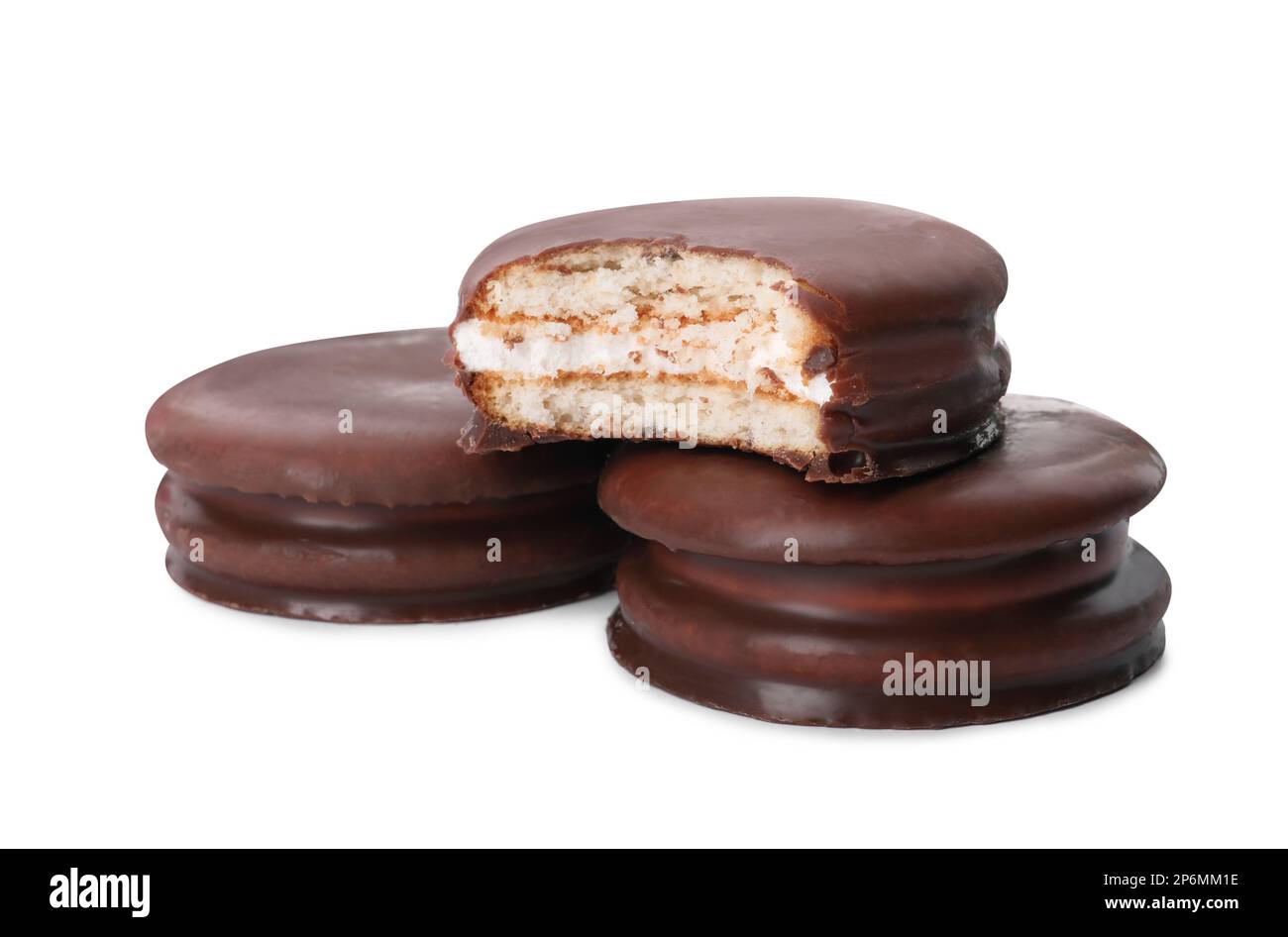 Delicious choco pies on white background. Classic snack cakes Stock ...