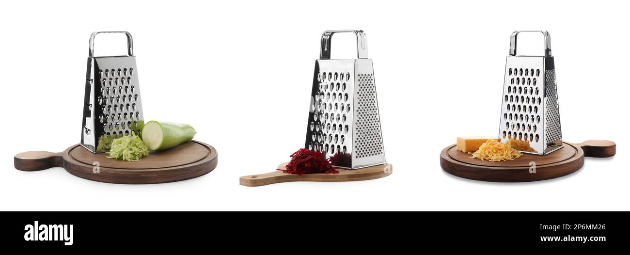 Set with stainless steel graters and fresh products on white background ...