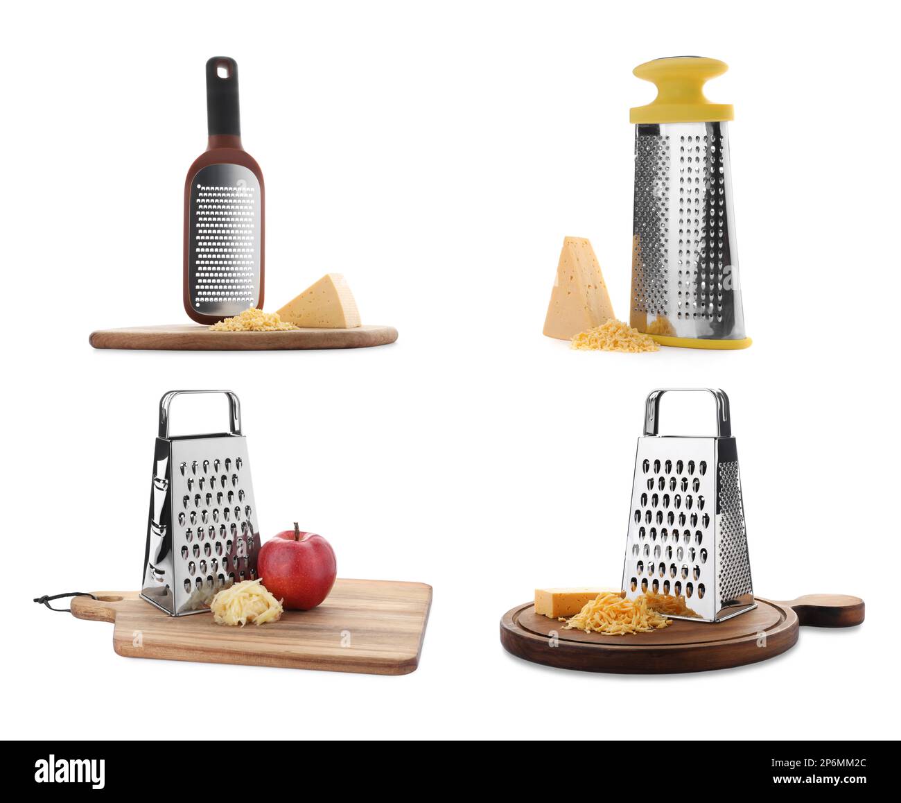 Set with stainless steel graters and fresh products on white background ...