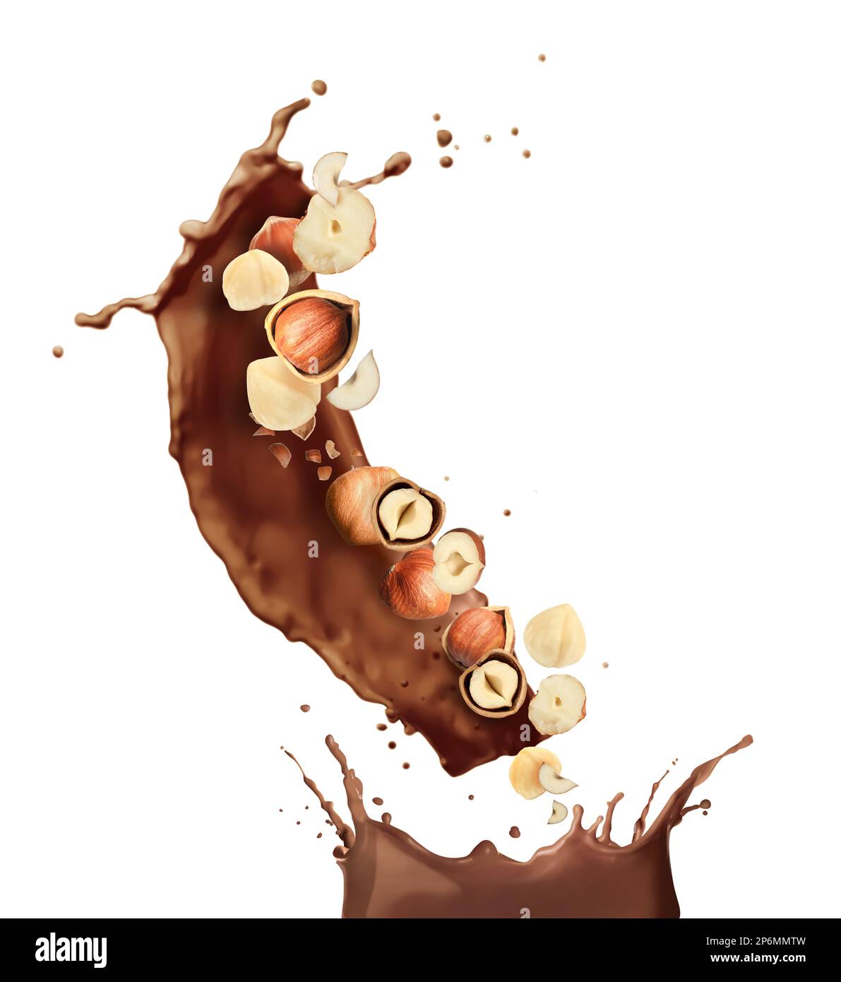 Pieces of tasty hazelnuts and delicious melted chocolate flying on ...