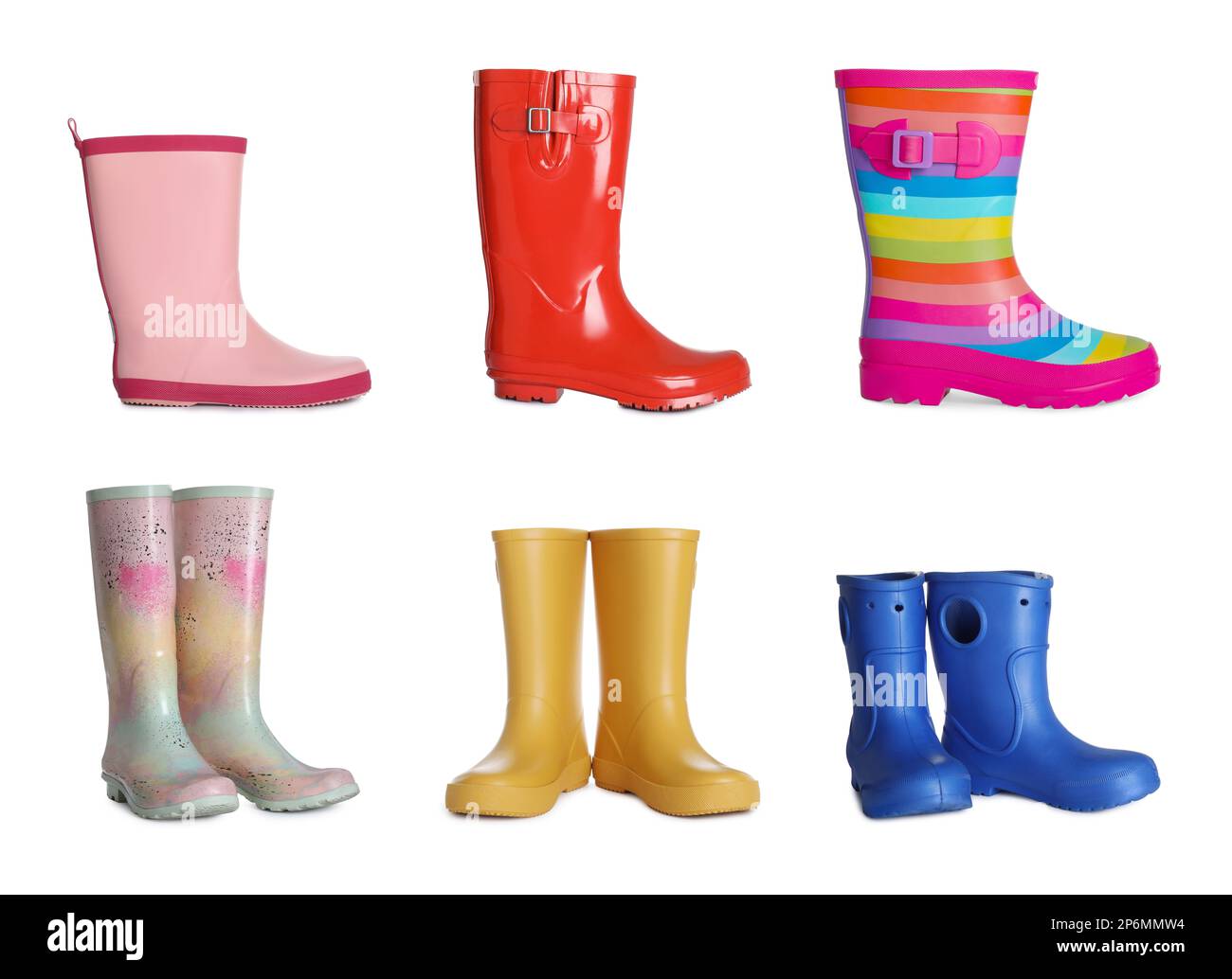 Set with different colorful rubber boots on white background Stock ...