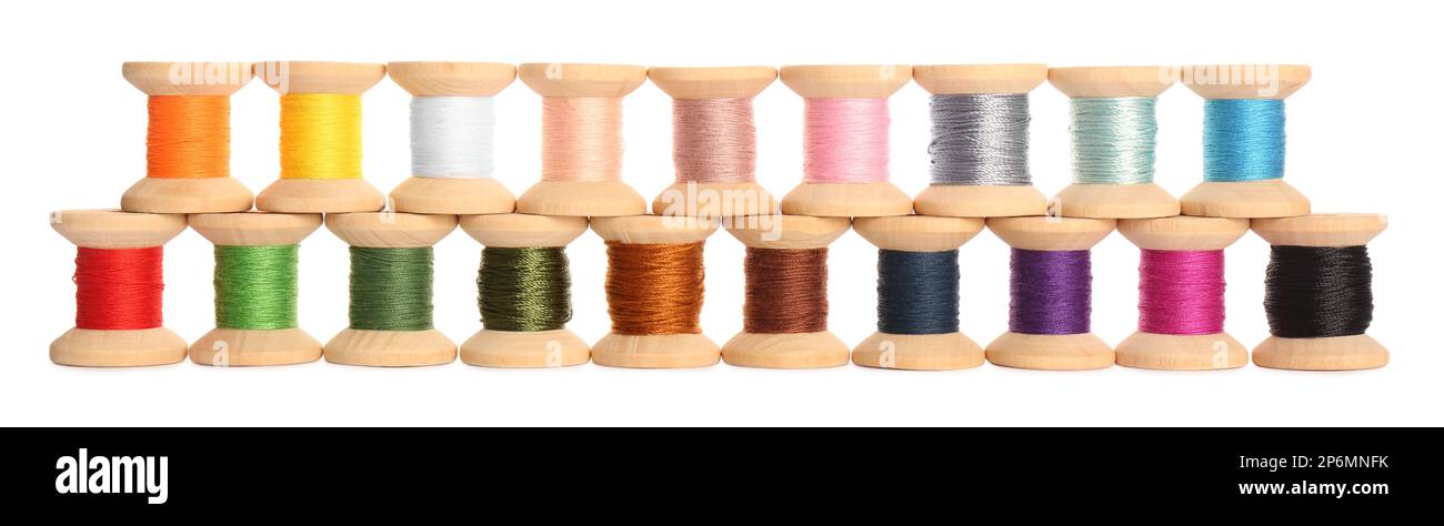 Set of colorful sewing threads on white background Stock Photo - Alamy