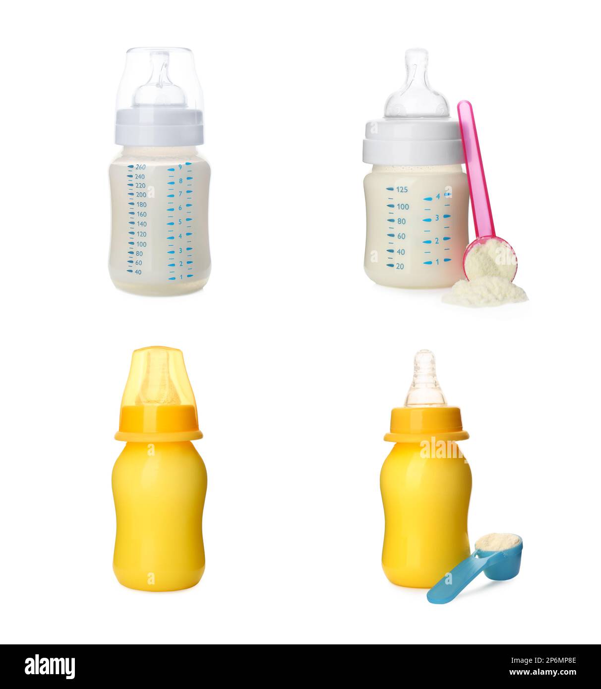 Feeding bottles with infant formula on white background, collage. Baby ...