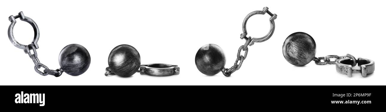 Set with metal balls and chains on white background, banner design ...