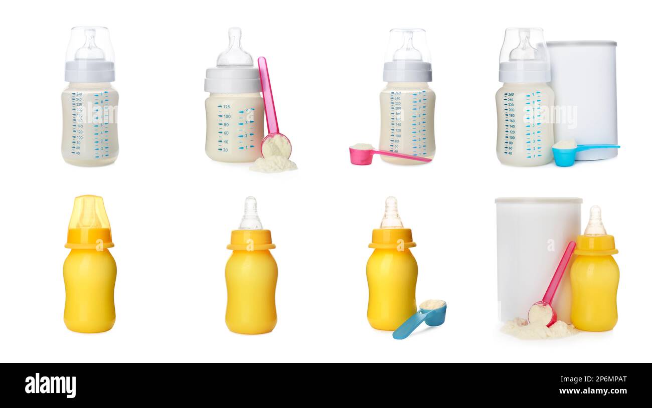 Feeding bottles with infant formula on white background, collage. Baby ...