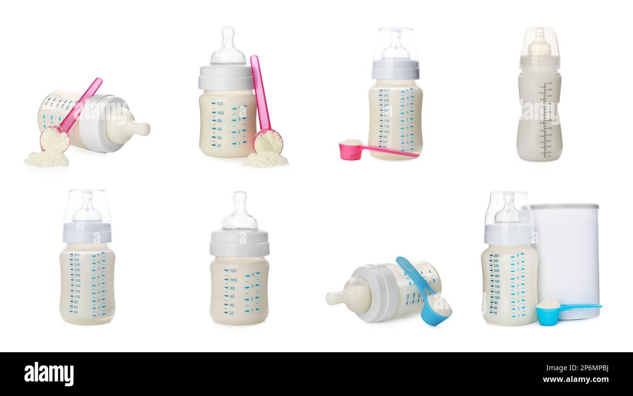 Feeding bottles with infant formula on white background, collage. Baby ...