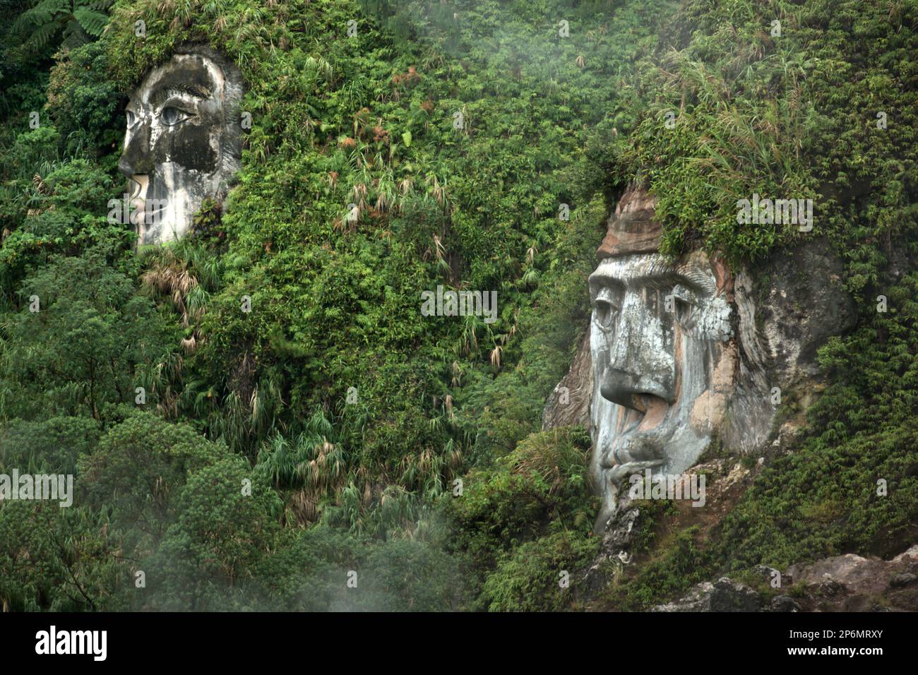 Giant faces illustrating the characters of Toar and Lumimuut, the ...