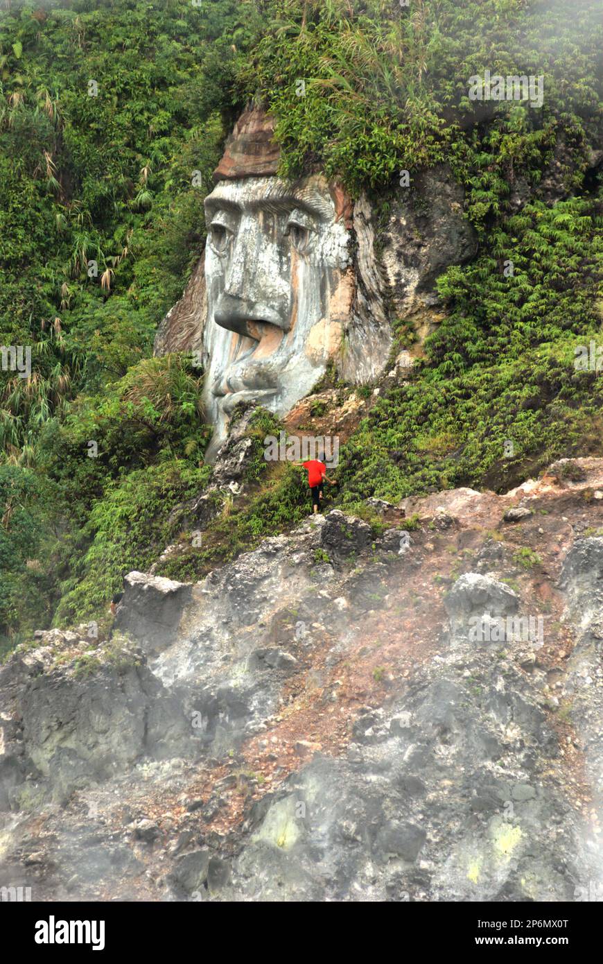 A visitor is spotted near a giant face formation illustrating the ...