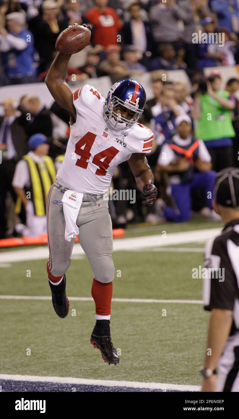 New York Giants running back Ahmad Bradshaw (44) reacts after scoring a ...
