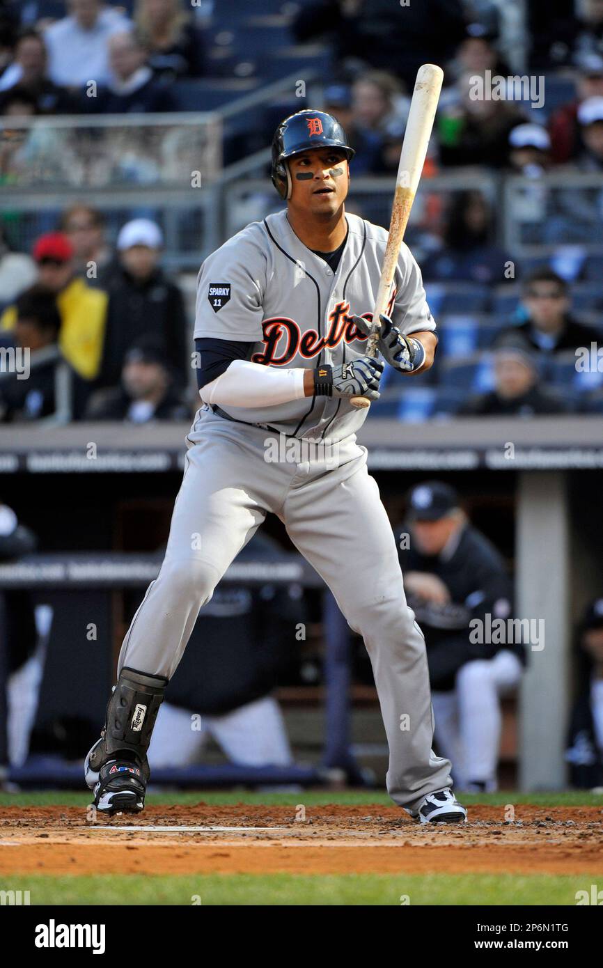 Apr 02, 2011; Bronx, NY, USA; Detroit Tigers catcher Victor Martinez ...