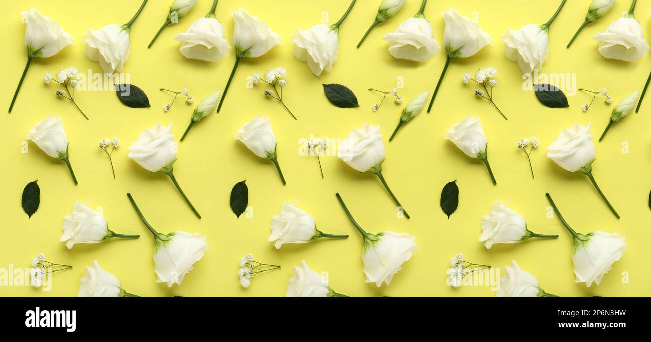 Many beautiful eustoma flowers and leaves on yellow background Stock ...