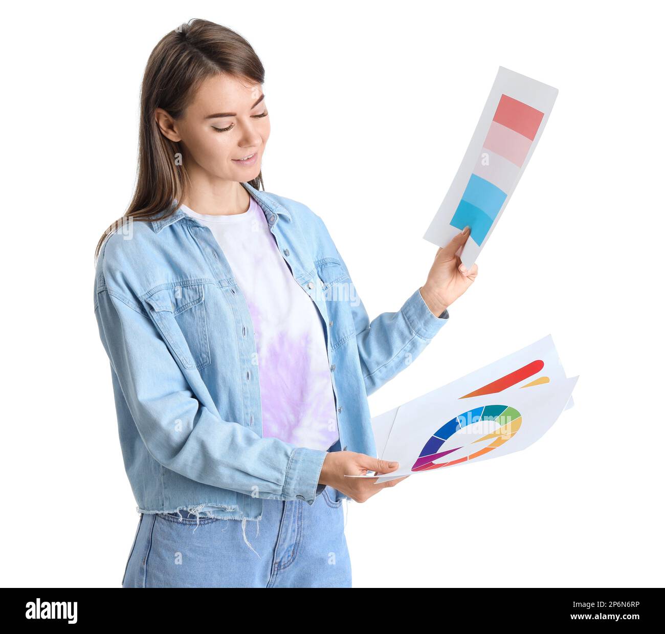 Beautiful woman with paint color palettes on white background Stock ...