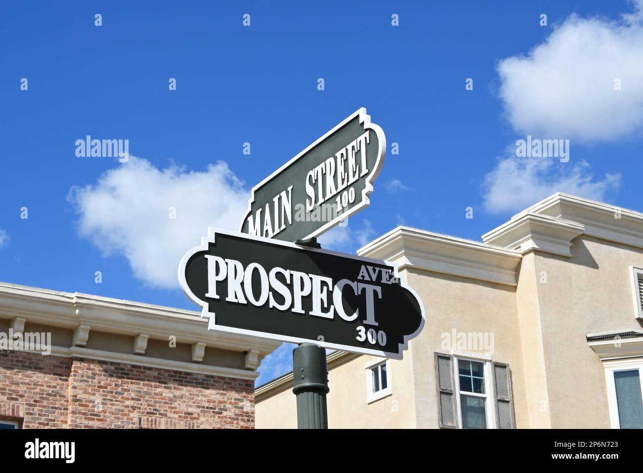TUSTIN, CALIFORNIA - 7 MAR 2023: Street sign at Prospect Ave and Main ...